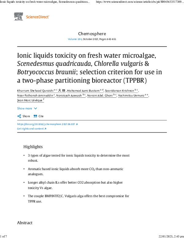 (PDF) Ionic liquids toxicity on fresh water microalgae, Scenedesmus quadricauda, Chlorella ...