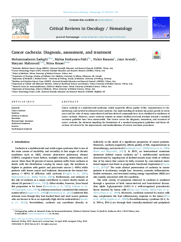 (PDF) Cancer cachexia: Diagnosis, assessment, and treatment