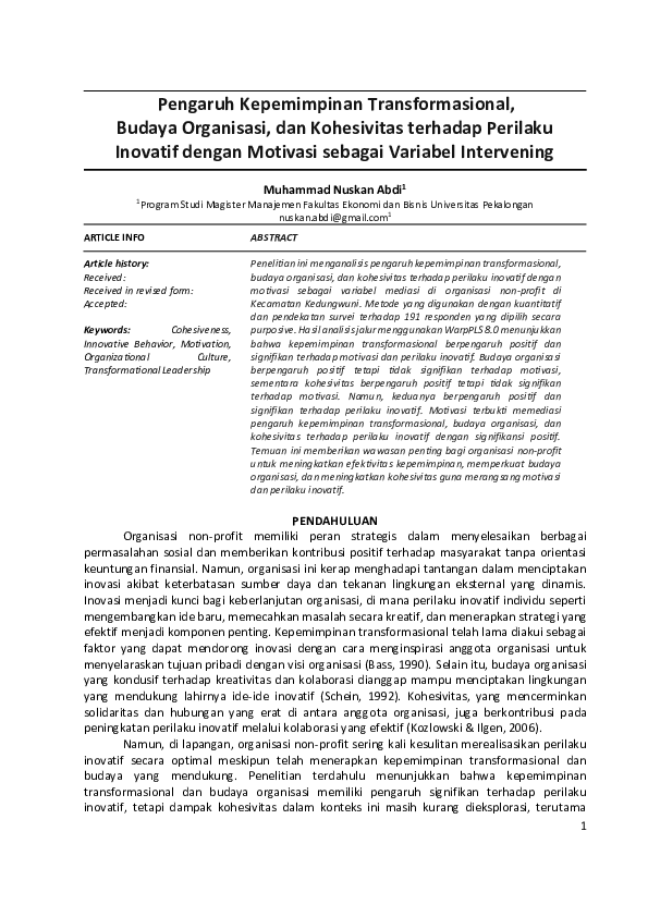 (PDF) Pengaruh Kepemimpinan Transformasional, Budaya Organisasi, dan Kohesivitas terhadap ...
