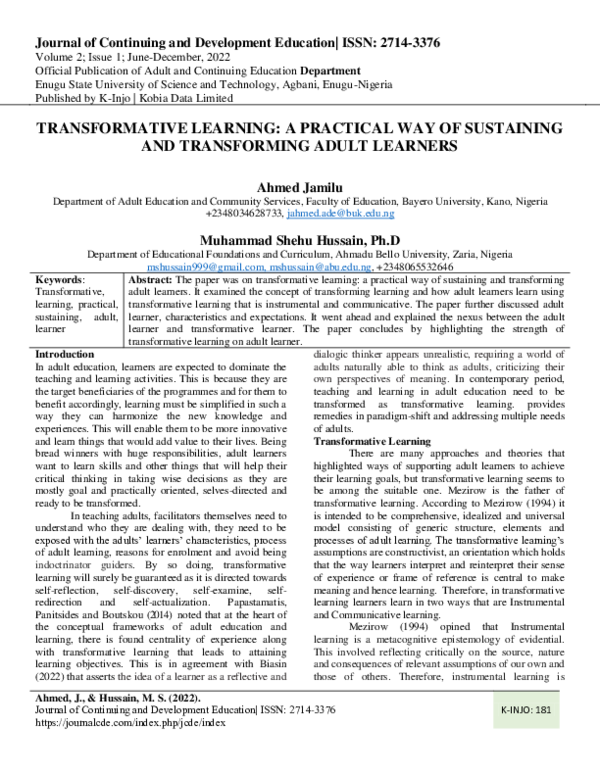 (PDF) TRANSFORMATIVE LEARNING: A PRACTICAL WAY OF SUSTAINING AND TRANSFORMING ADULT LEARNERS
