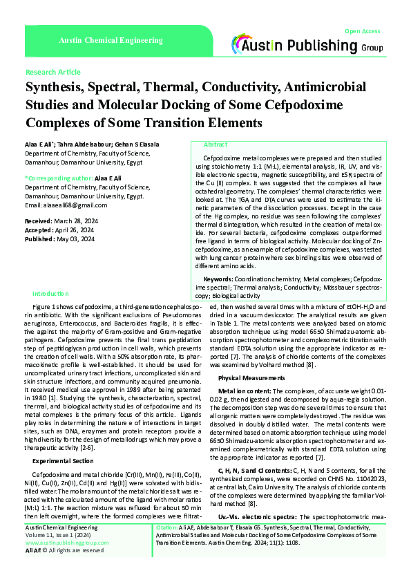 (PDF) Synthesis, Spectral, Thermal, Conductivity, Antimicrobial Studies and Molecular Docking of ...