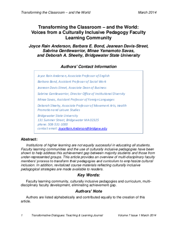 (PDF) Transforming the Classroom – and the World: Voices from a Culturally Inclusive Pedagogy ...