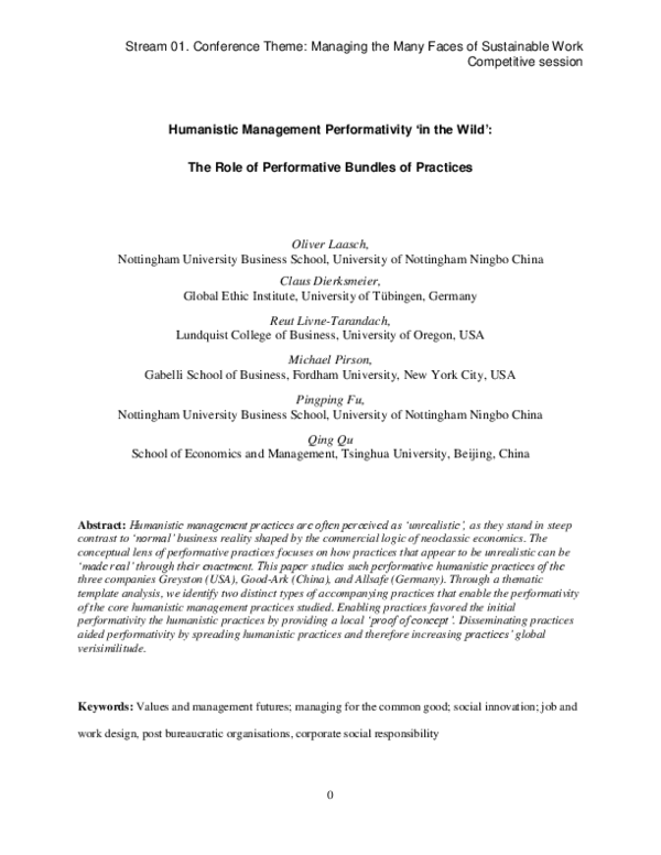 (PDF) Humanistic Management Performativity ‘in the Wild’: The Role of ...