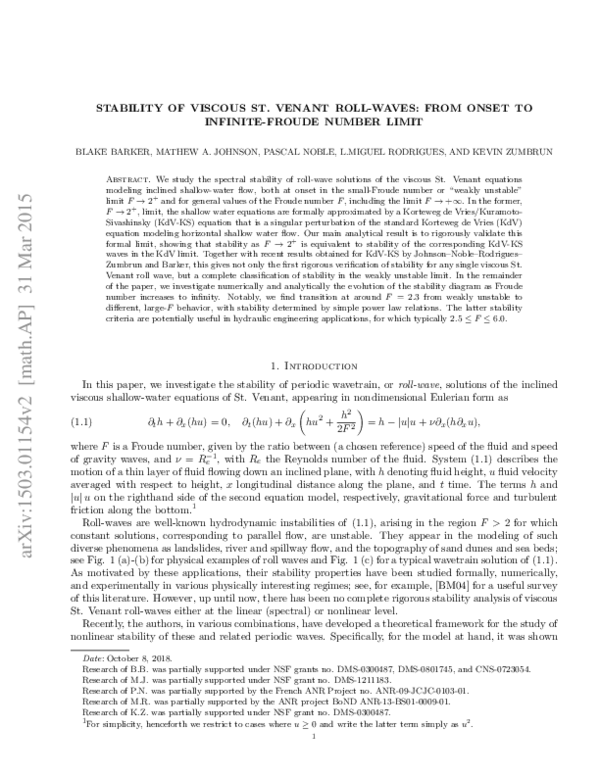 (PDF) Stability of Viscous St. Venant Roll-Waves: From Onset to the Infinite-Froude Number Limit