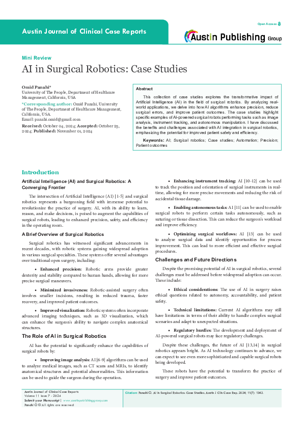 (PDF) AI in Surgical Robotics: Case Studies