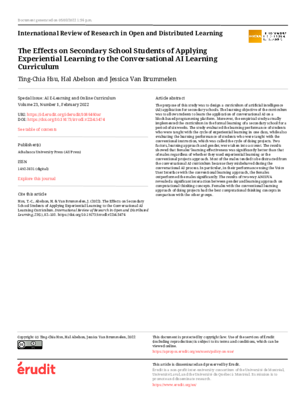 (PDF) The Effects on Secondary School Students of Applying Experiential Learning to the ...