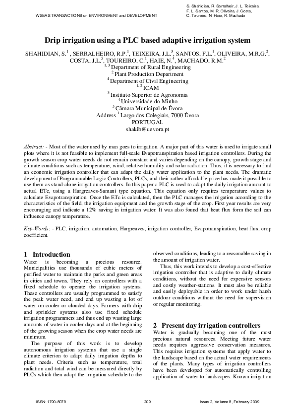 (PDF) Drip irrigation using a PLC based adaptive irrigation system