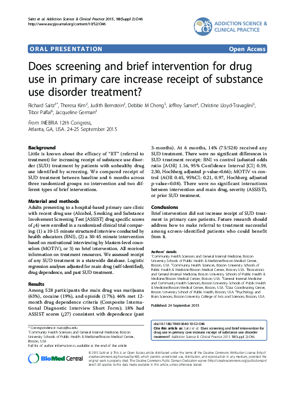 (PDF) Does screening and brief intervention for drug use in primary care increase receipt of ...