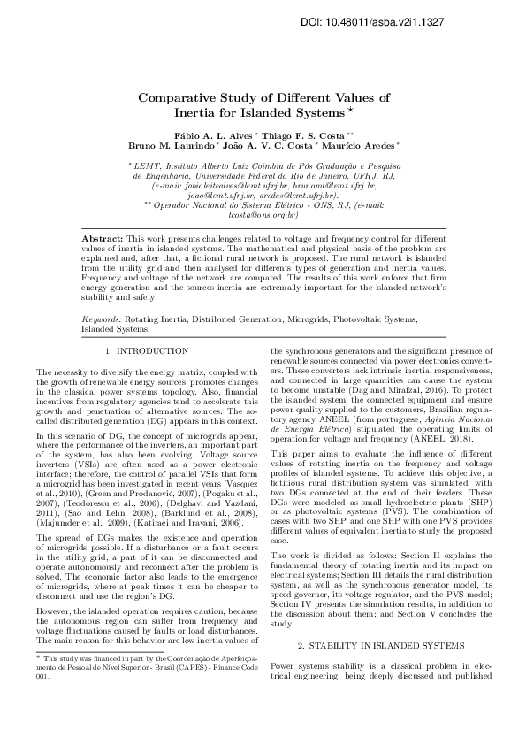 (PDF) Comparative Study of Different Values of Inertia for Islanded Systems