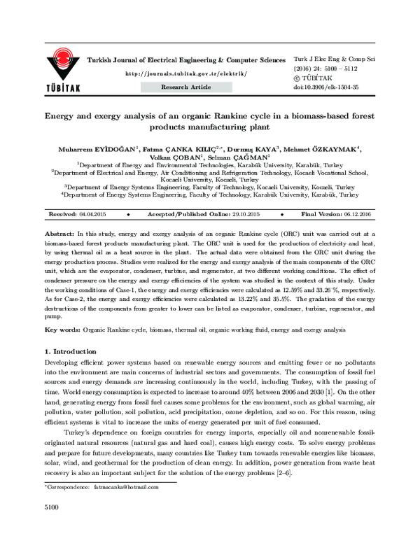 (PDF) Energy and exergy analysis of an organic Rankine cycle in a biomass-based forest products ...