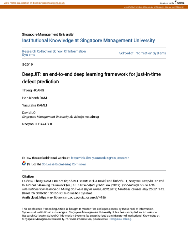 (PDF) DeepJIT: An End-to-End Deep Learning Framework for Just-in-Time Defect Prediction