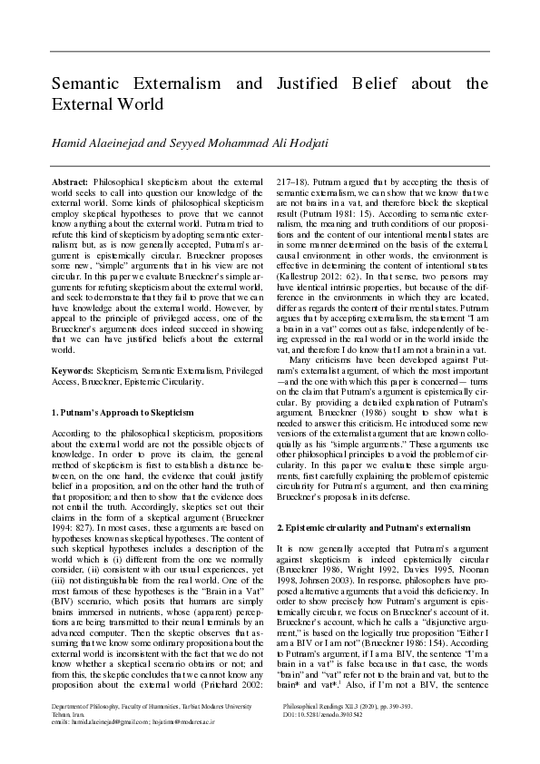 (PDF) Semantic Externalism, and Justified Belief about the External World