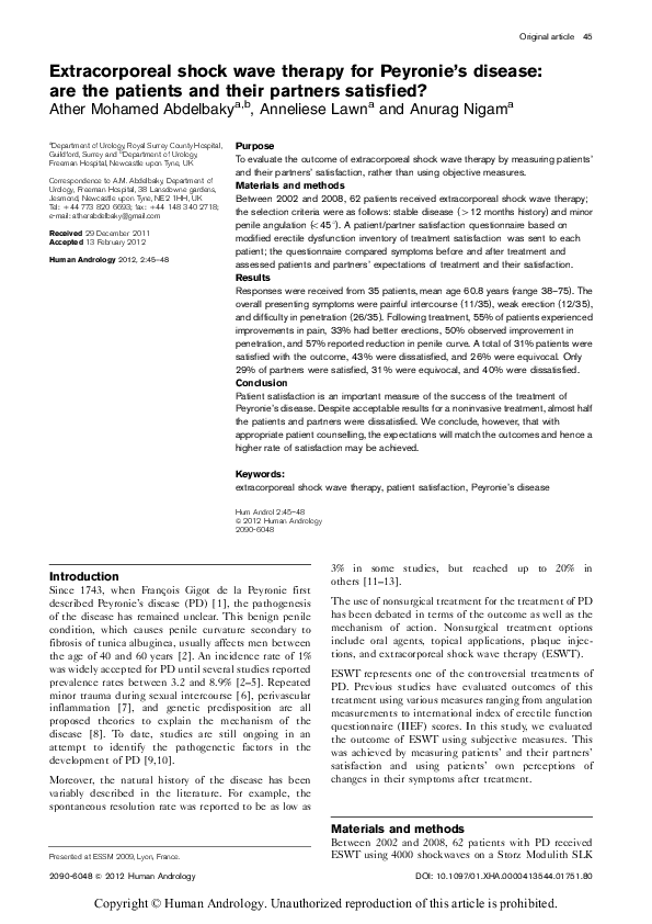 (PDF) Extracorporeal Shockwave Therapy for Peyronie's Disease: Who ...