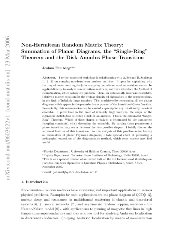 (PDF) Non-Hermitian random matrix theory: summation of planar diagrams, the ‘single-ring ...