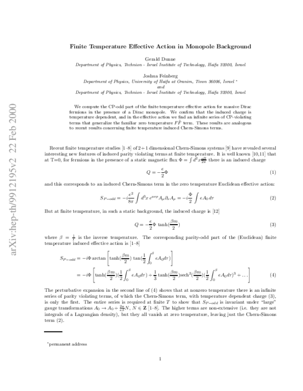 (PDF) Finite Temperature Effective Action in Monopole Background