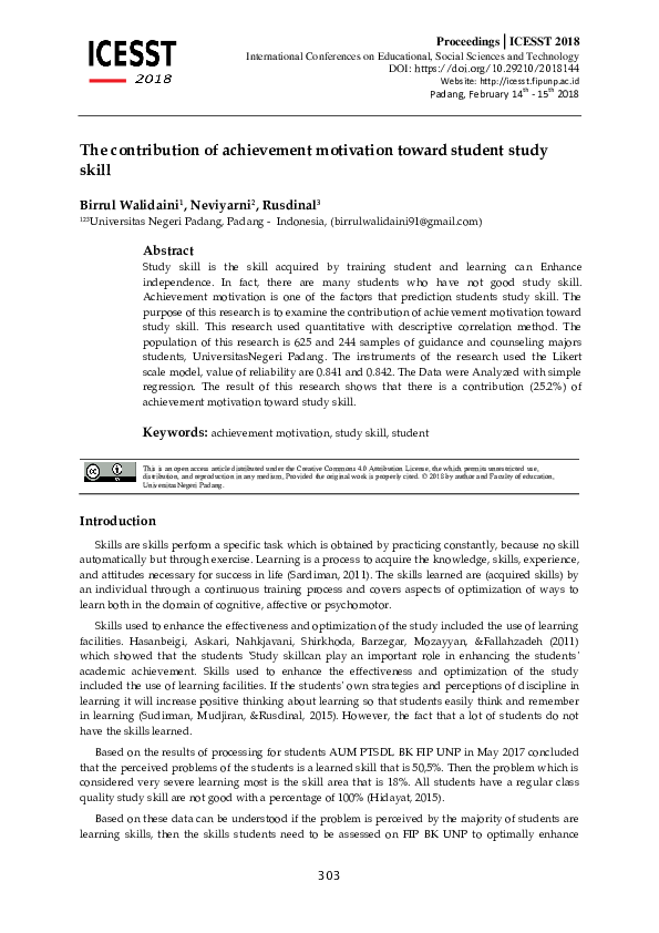 (PDF) The contribution of achievement motivation toward student study skill