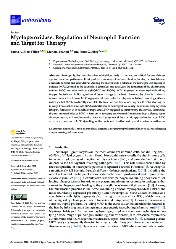 (PDF) Myeloperoxidase: Regulation of Neutrophil Function and Target for ...
