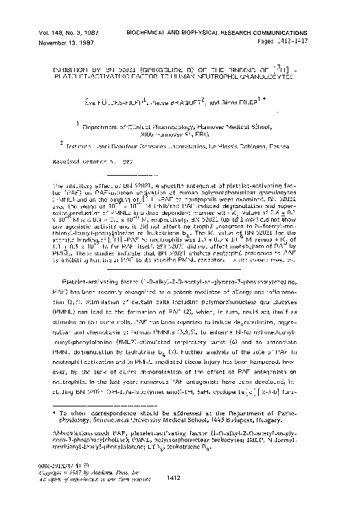 (PDF) Inhibition by BN 52021 (Ginkgolide B) of the binding of [3h ...