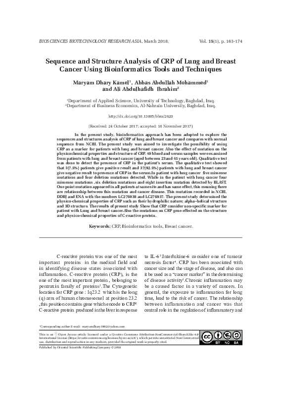 (PDF) Sequence and Structure Analysis of CRP of Lung and Breast Cancer Using Bioinformatics ...