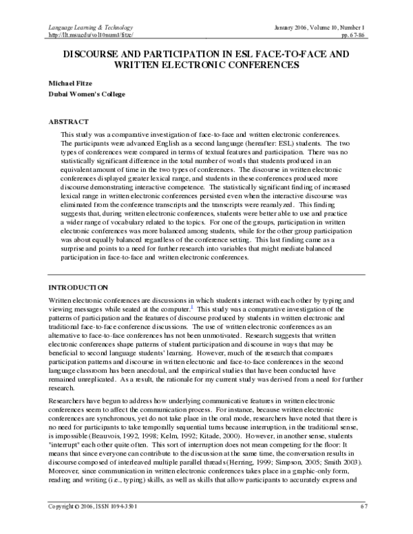 (PDF) Discourse and participation in ESL face-to-face and written electronic conferences