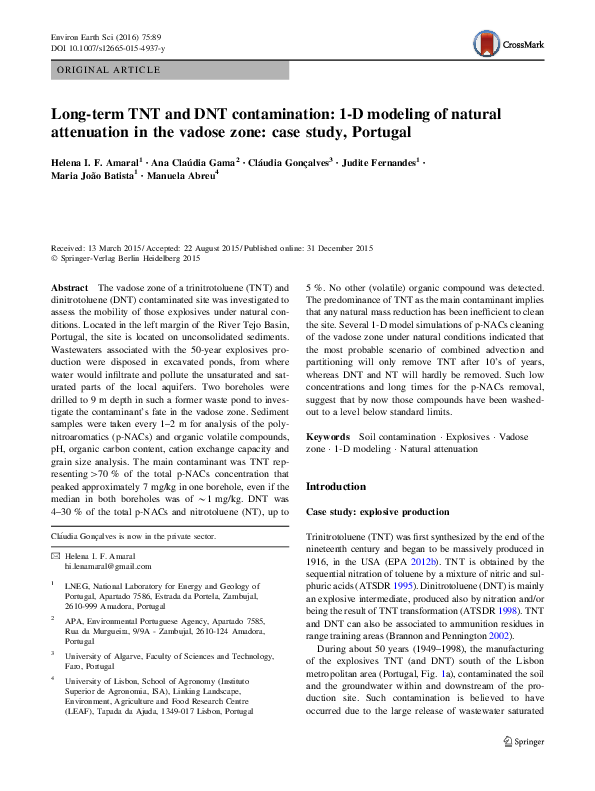 (PDF) Long-term TNT and DNT contamination: 1-D modeling of natural ...