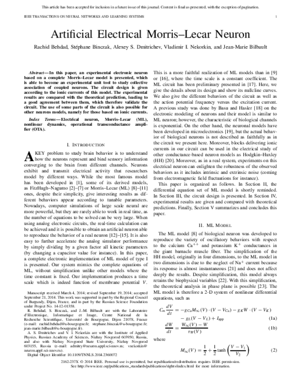 (PDF) Artificial Electrical Morris-Lecar Neuron