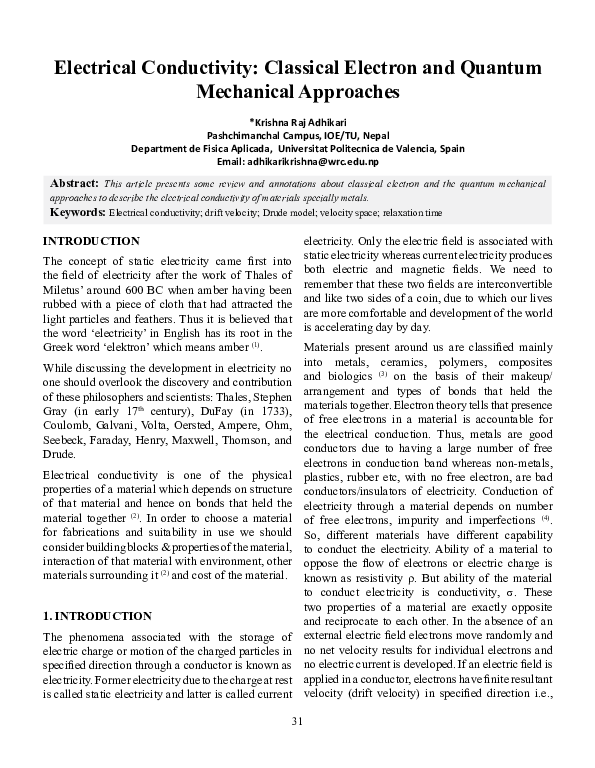 (PDF) Electrical Conductivity: Classical Electron and Quantum Mechanical Approaches