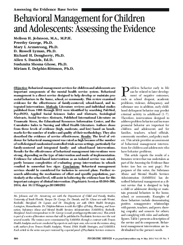 (PDF) Behavioral Management for Children and Adolescents: Assessing the ...