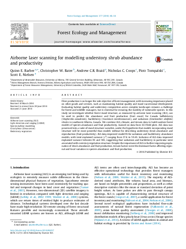 (PDF) Airborne laser scanning for modelling understory shrub abundance and productivity