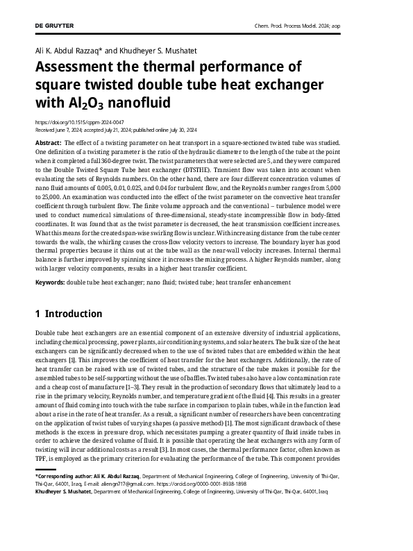 (PDF) Assessment the thermal performance of square twisted double tube heat exchanger with Al 2 ...