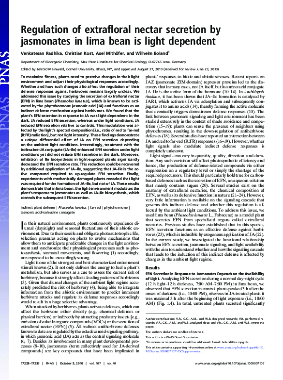 (PDF) Regulation of extrafloral nectar secretion by jasmonates in lima ...