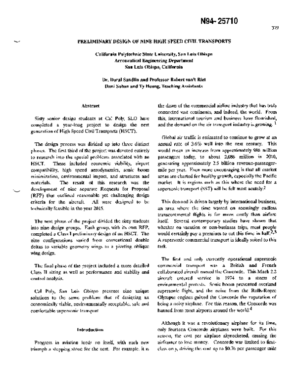 (PDF) Preliminary design of nine high speed civil transports