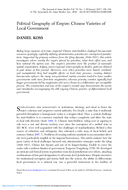 (PDF) Political Geography of Empire: Chinese Varieties of Local Government