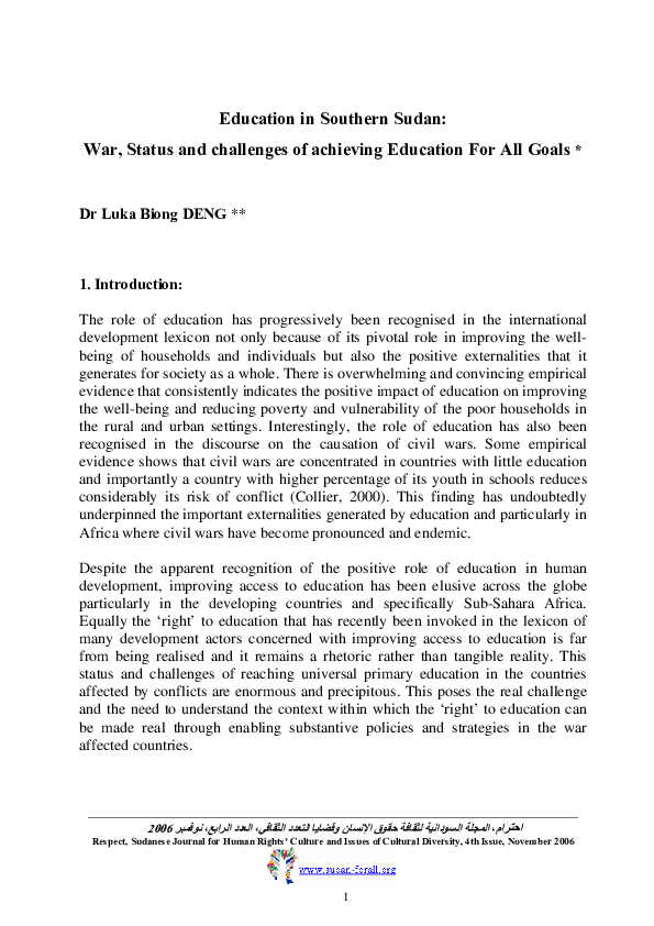 (PDF) Education in Southern Sudan: War, Status and Challenges of ...