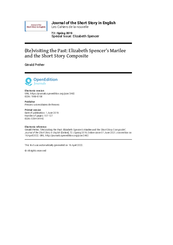 (PDF) (Re)visiting the Past: Elizabeth Spencer’s Marilee and the Short ...