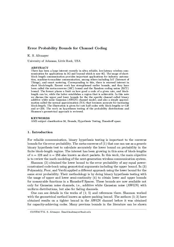 (PDF) Error Probability Bounds for Channel Coding