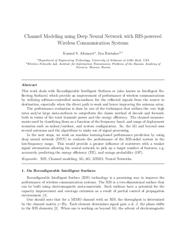 (PDF) Channel Modeling using Deep Neural Network with RIS-powered Wireless Communication Systems