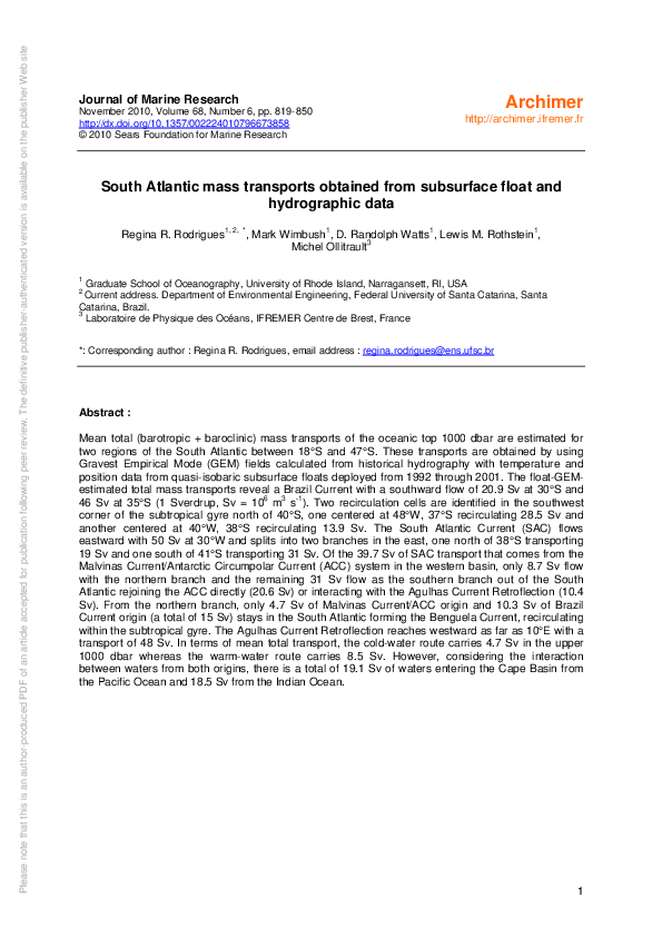 (PDF) South Atlantic mass transports obtained from subsurface float and ...