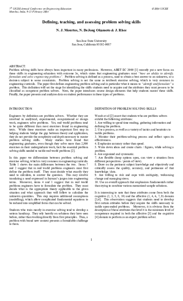 (PDF) Defining, Teaching, and Assessing Problem Solving Skills