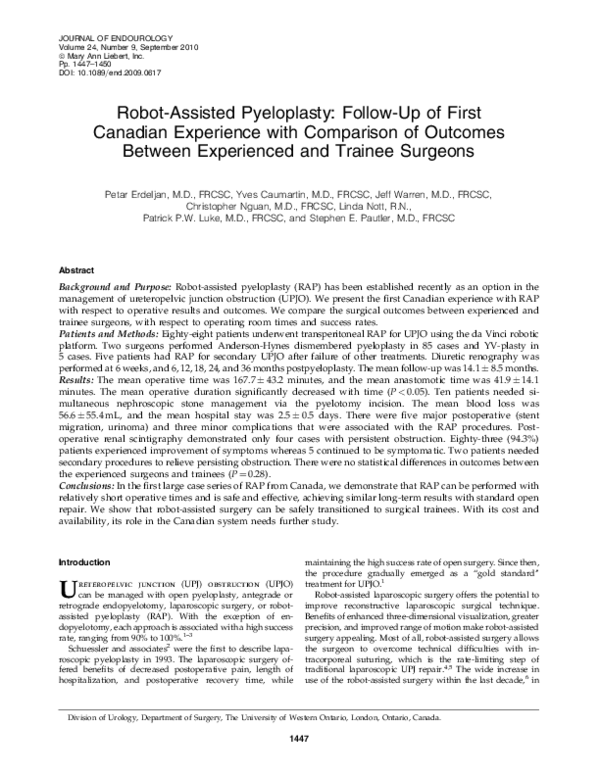 (PDF) Robot-Assisted Pyeloplasty: Follow-Up of First Canadian Experience with Comparison of ...
