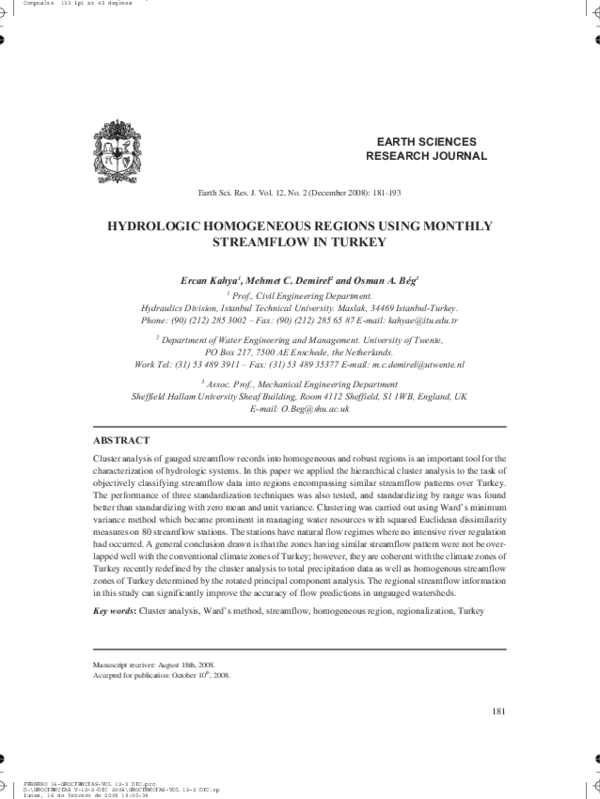 (PDF) Earth Sciences Research Journal Hydrologic Homogeneous Regions Using Monthly Streamflow in ...