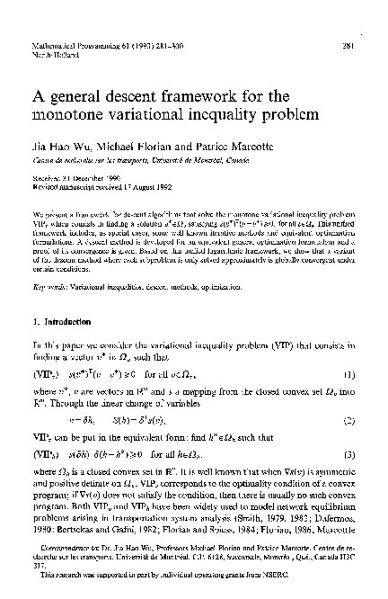 (PDF) A general descent framework for the monotone variational inequality problem