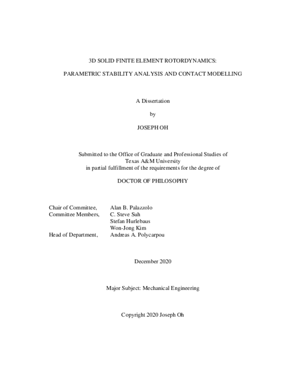 (PDF) 3D Solid Finite Element Rotordynamics: Parametric Stability Analysis and Contact Modelling
