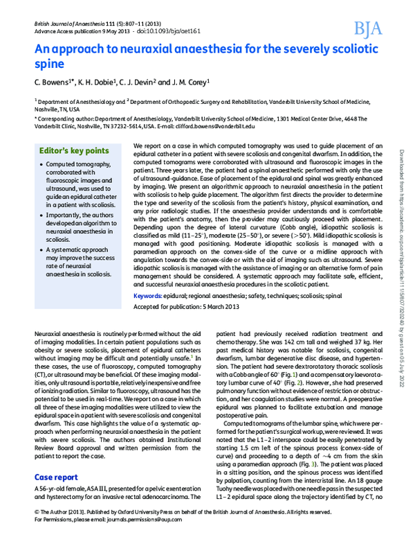 (PDF) An approach to neuraxial anaesthesia for the severely scoliotic spine