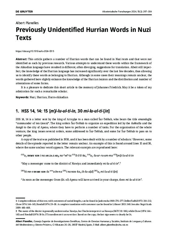 (PDF) (2024) AoF 51/2 'Previously Unidentified Hurrian Words in Nuzi Texts'