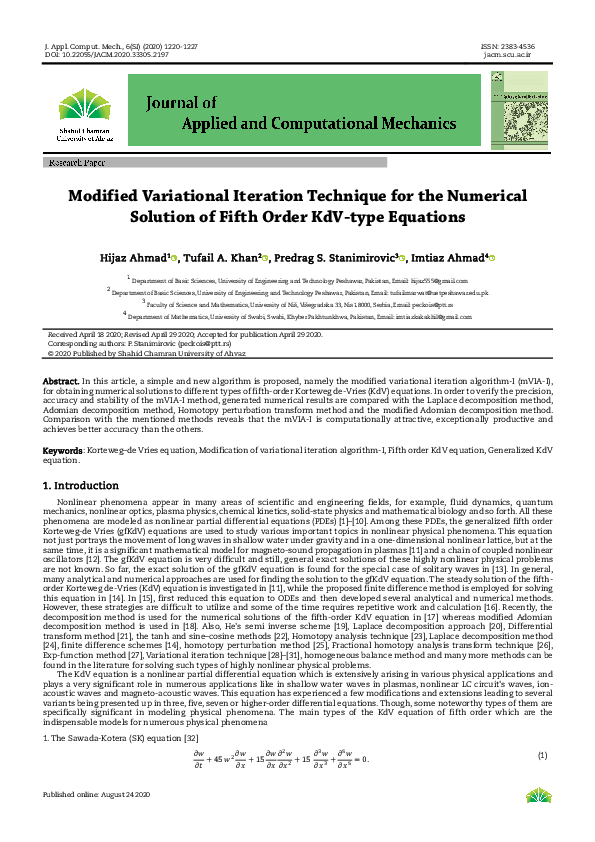 (PDF) Modified Variational Iteration Technique for the Numerical Solution of Fifth Order KdV ...