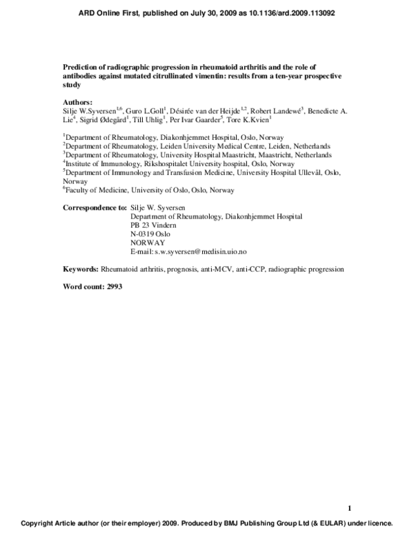(PDF) Prediction of radiographic progression in rheumatoid arthritis ...