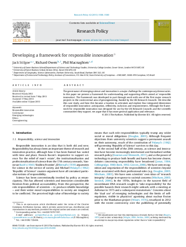 (PDF) Developing a framework for responsible innovation*