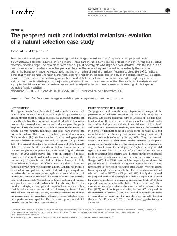 (PDF) The peppered moth and industrial melanism: evolution of a natural ...