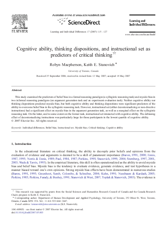(PDF) Cognitive ability, thinking dispositions, and instructional set as predictors of critical ...